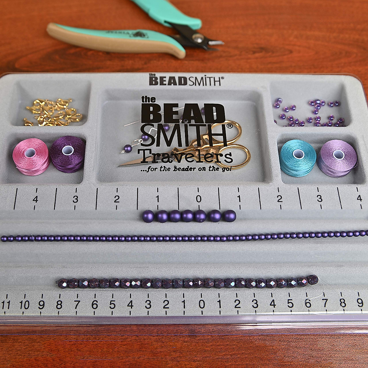 The Beadsmith Mini Bead Board, Grey Flocked, 4 Straight Channels, 5 Recessed Compartments, 7.75 x 11.25 inches, Design Boards for Creating Bracelets, Necklaces and Other Jewelry