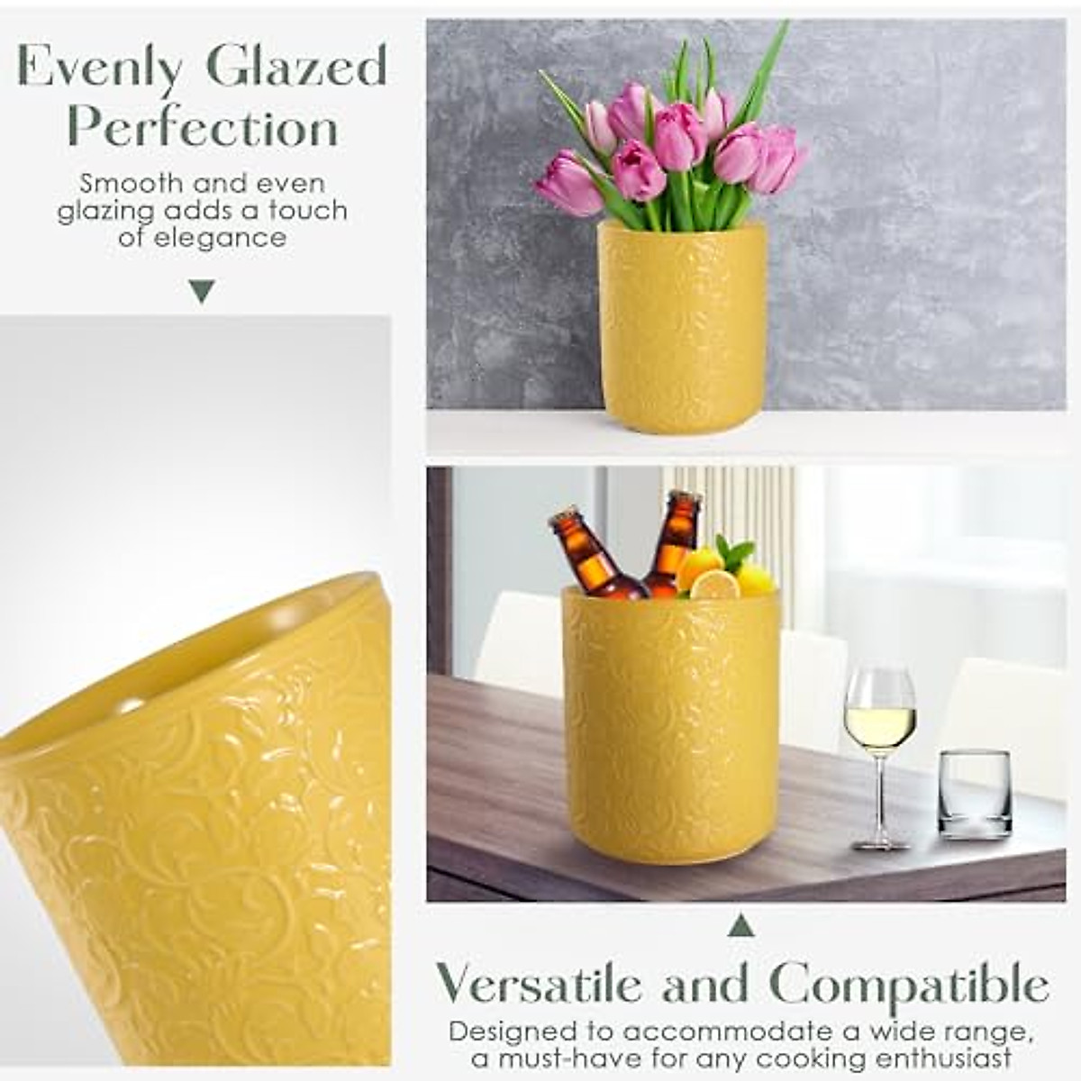 MEIGUI Kitchen Utensil Holder for Kitchen Décor, 7.2″ Extra Large Ceramic Utensil Crock for Countertop, Cooking Tool Utensil Caddy with Table-Protection Cork Mat, Farmhouse Utensil Organizer, Yellow