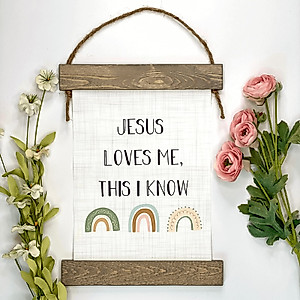 Kingdom Quality Jesus Loves Me This I Know Hanging Canvas - Give Me Jesus, Ten Commandments for Kids, Boho Rainbow Nursery Decor