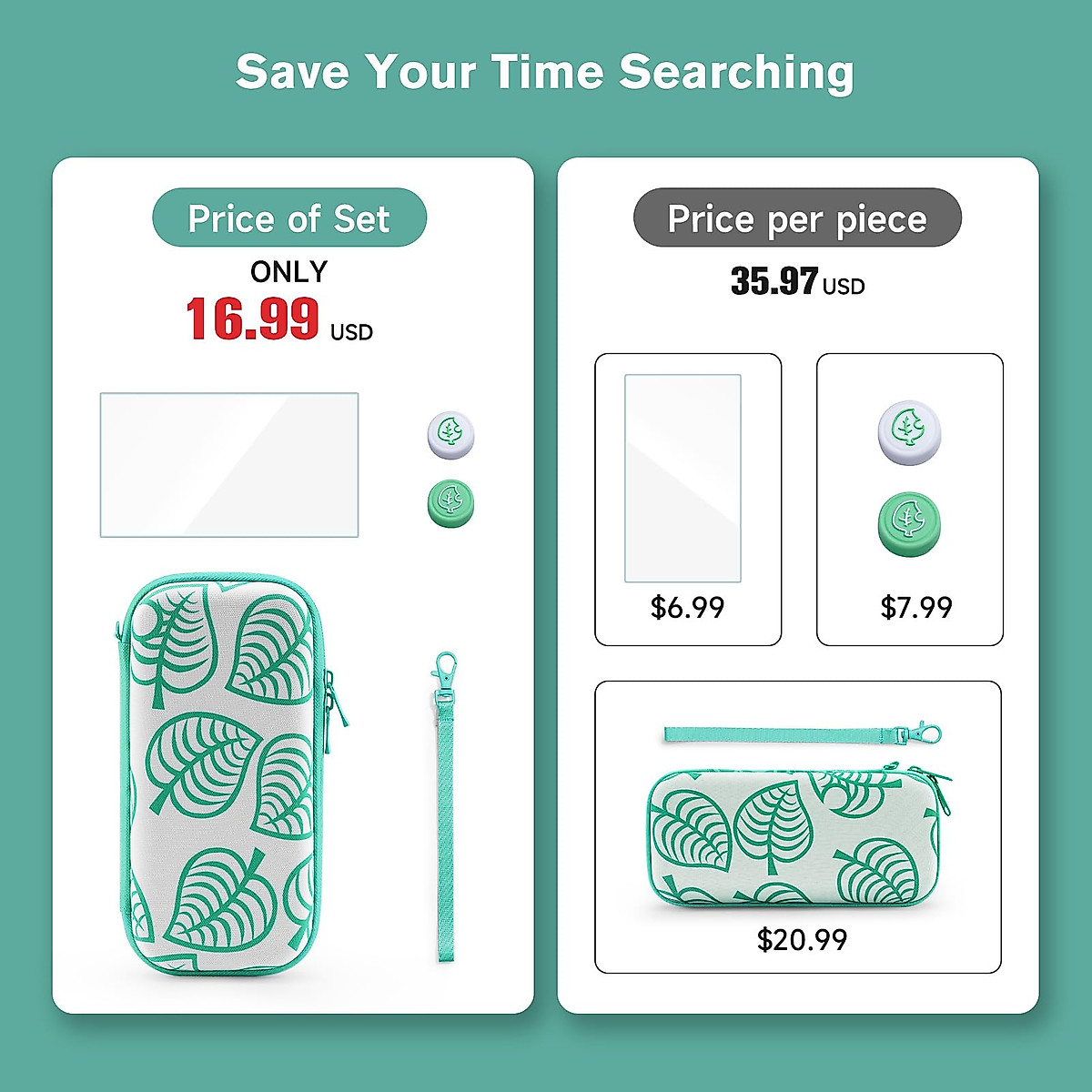 JINGDU Carrying Case Compatible with Nintendo Switch Lite, Hard Portable Protective Case, Storage Bag Accessories Include Screen Protector & Thumb Grips & Wrist Strap, Animal Crossing Leaf