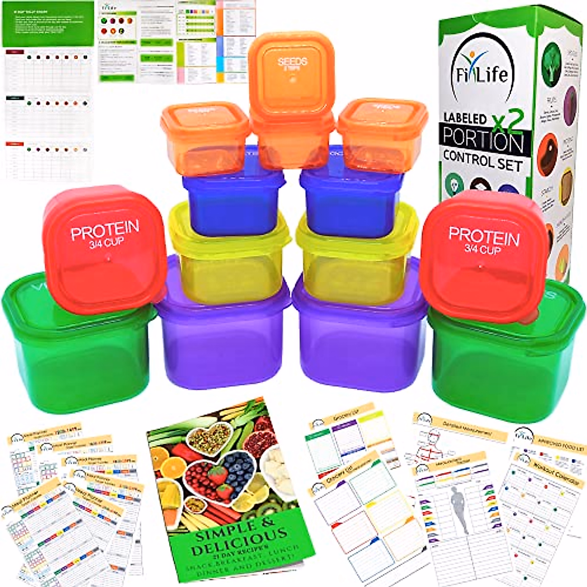 21 Day Portion Control Container kit for Weight Loss 14 Piece Labeled + COMPLETE GUIDE + 21 DAY PLANNER + RECIPE eBOOK - Color Coded Meal Prep System