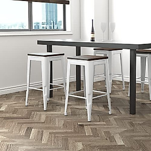 Mjkone 26.4'' Square Metal Bar Stool,Indoor Outdoor Stackable Barstools,Modern Industrial Top Bar Stools Set of 2(White)