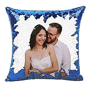 Custom Pillow, 16"x16"Personalized Custom Photo Sequin Pillow with Your Photos(Including Pillow Insertion) - Wedding Keepsake Pillow Magic Reversible Home Decor Personalized Customized Gifts (Blue)