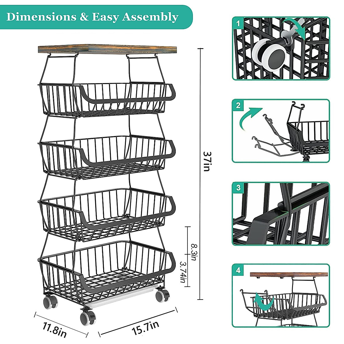 CHLORYARD Fruit Basket with Wooden Lid for Kitchen, 5-Tier Stackable Wire Fruit Vegetable Storage Basket Organizer Stand on Wheel, Produce Basket Potato Onion Storage Bins Rack Cart for Pantry