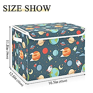 Krafig Cartoon Space Foldable Storage Box Large Cube Organizer Bins Containers Baskets with Lids Handles for Closet Organization, Shelves, Clothes, Toys