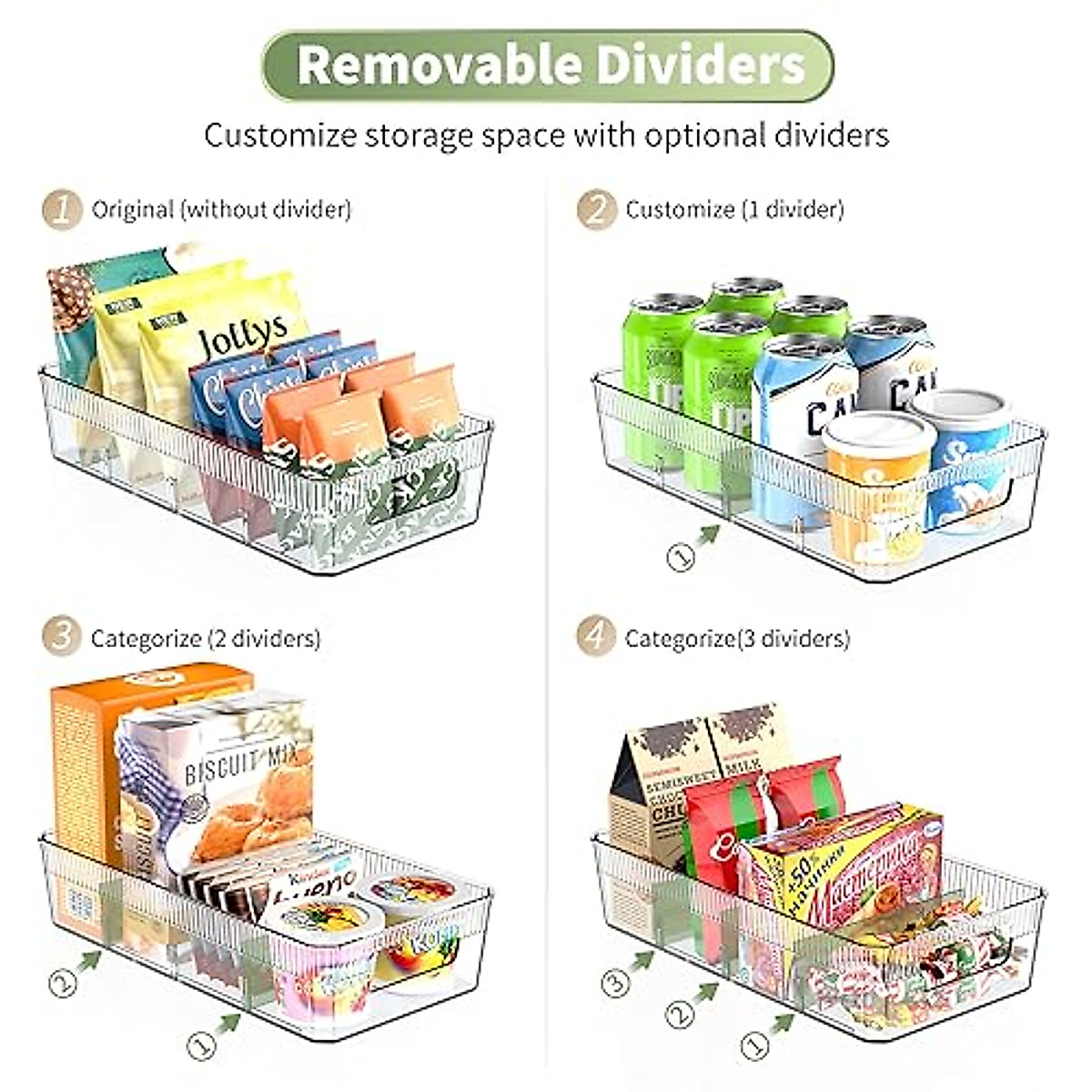 8 Pack Food Storage Organizer Bins, Clear Pantry Organization and Storage Bins with Removable Dividers, Plastic Pantry Organizer Refrigerator Organizer Bins for Kitchen, Cabinet, Snacks, Teabags