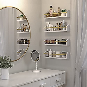 WOPITUES Floating Shelves with Protective Metal Rail, Small Bathroom Shelves Set of 4, Spice Rack Wall Mount, Wood Shelves for Kitchen, Living Room, Bedroom, Nursery Book- Modern White and Gold