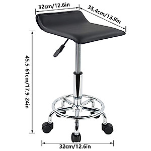 KKTONER Square Height Adjustable Rolling Stool with Foot Rest PU Leather Seat Cushion Spa Drafting Salon Tattoo Work Swivel Office Stools Task Chair Small (Black)