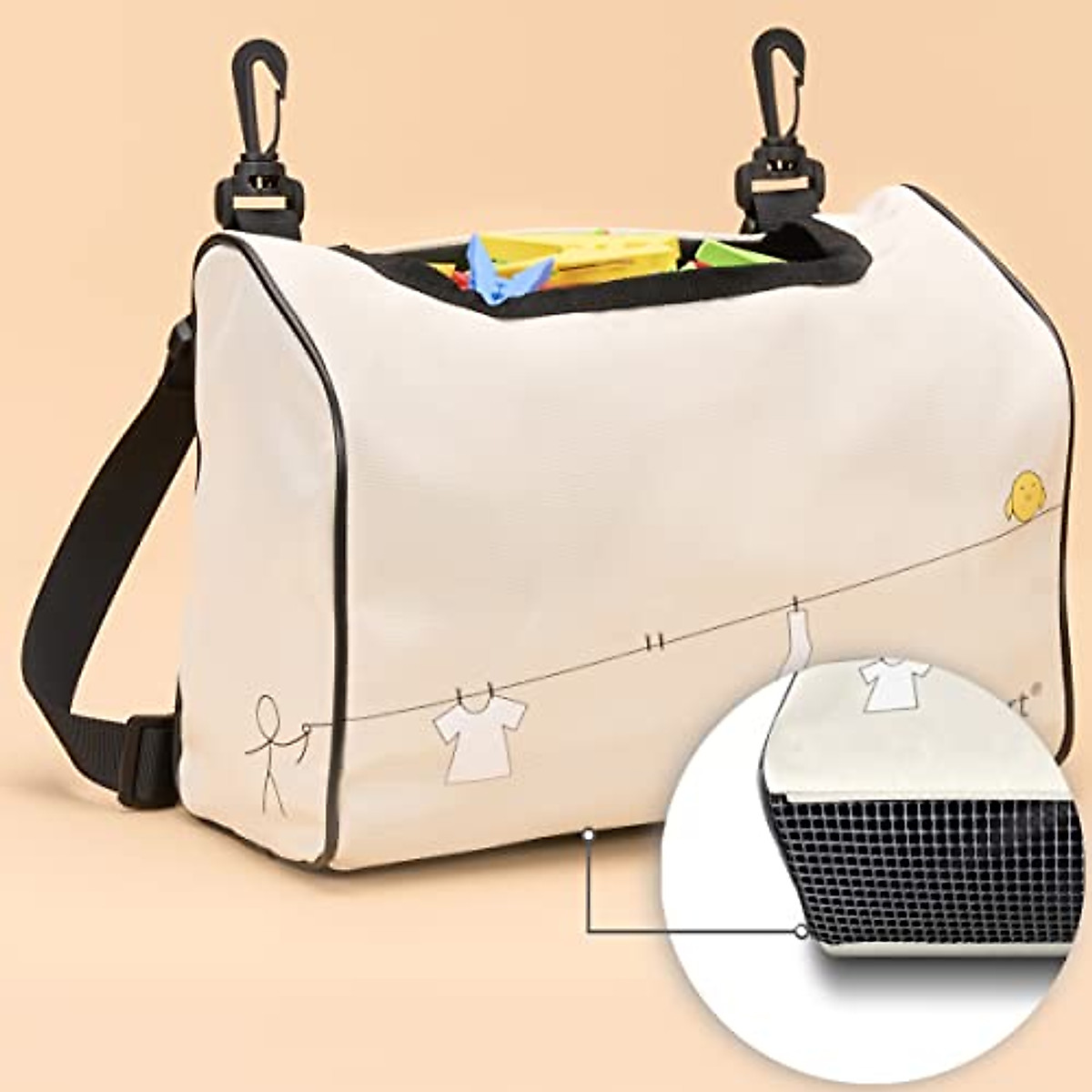 Wearable Clothespin Bag with Shoulder & Waist Strap. Double Secure Clips & Clever Quick Dry Mesh Clothes Pins Bag Holder. Clothes Pin Bag That Holds Up To 300 Medium Clothespins (Beige, Open Top)