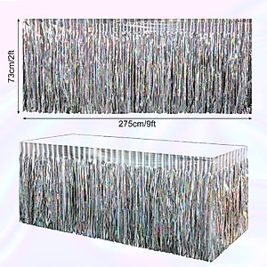 2 Pack Iridescent Table Skirt, Metallic Foil Fringe Tinsel Table Skirts for Rectangle Tables, Disposable Laser Rainbow Table Skirt Iridescent Party Decorations for Birthday Wedding Holiday, 29x108Inch