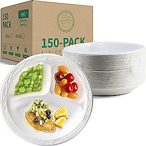 YANGRUI White Plastic Plates, 9 Inch 3 Compartments 150 Pack Food Grade Meterial BPA Free Reusable Dinner Plates