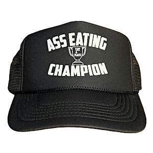 Ass Eating Champion Snapback Trucker Hat for Men or Women, Vintage Fit with Funny Novelty Graphic, Black Custom Mesh Cap