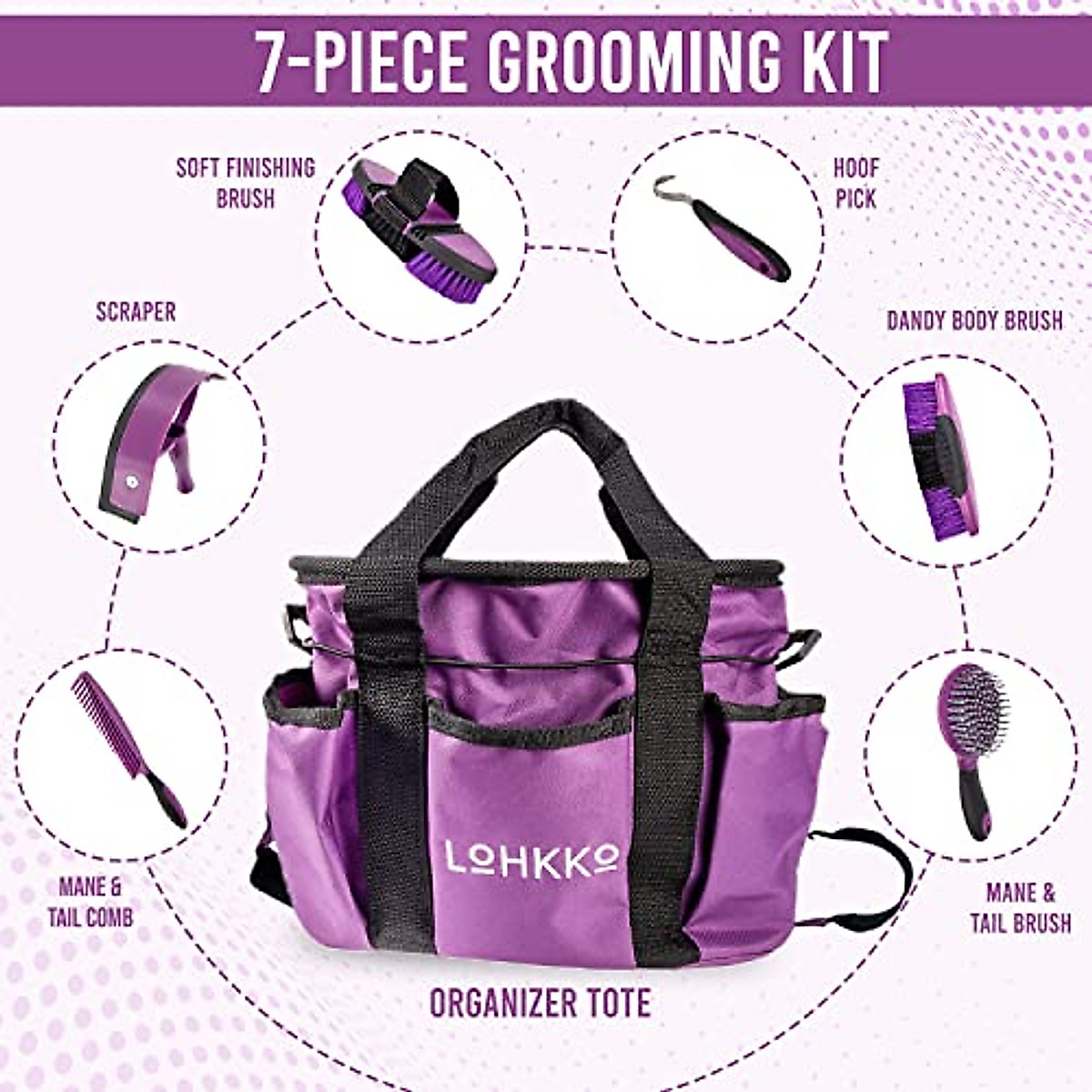 7-Piece Horse Grooming Kit with Organizer Tote Bag, Tack Room Supplies Set with Assorted Hair and Curry Brushes, Hoof Pick, and Sweat Scraper, Great Groomer Gift, Horse Riders, Beginner, Advanced, Purple OR Blue Avail