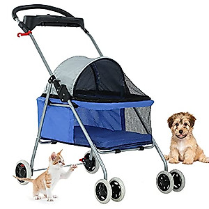 Pet Stroller 4 Wheels Posh Folding Waterproof Portable Travel Cat Dog Stroller with Cup Holder,Blue