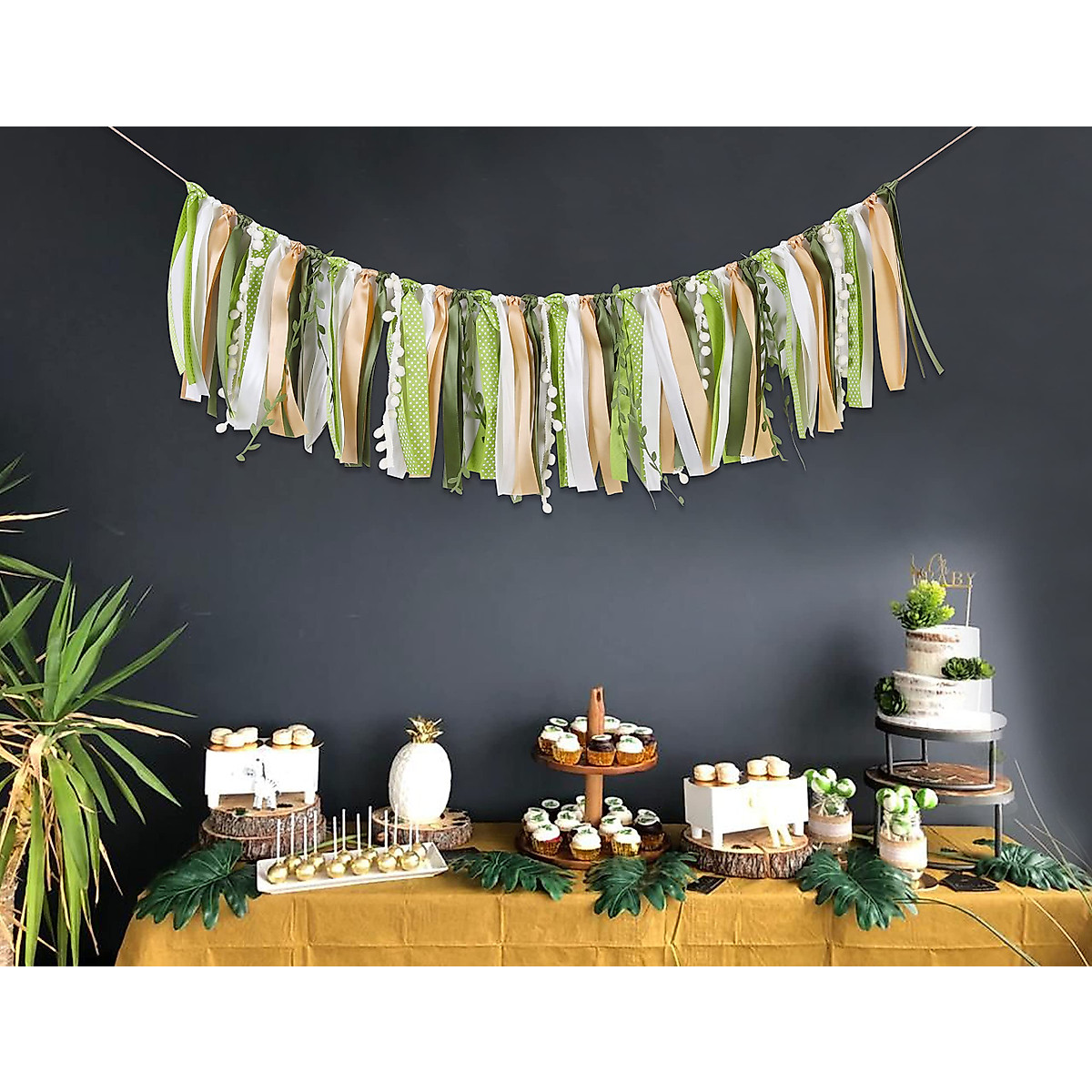 Greenery Ivory Gold Ribbon Garland - Fabric Tassel Banner for Gender Neutral Baby Shower, Woodland First Birthday Decorations, Wedding Backdrop, Bridal Shower Decorations, Photo Booth Backdrop