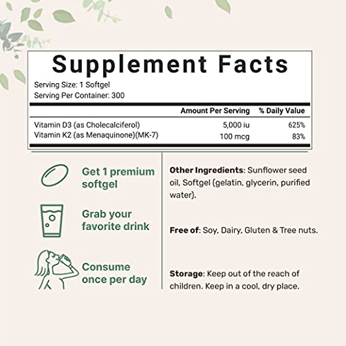 Micro Ingredients Vitamin D3 5000 IU Plus K2 100 mcg, 300 Soft-Gels | 2 in 1 Formula, K2 MK-7 with D3 Vitamin Supplement, Support Immune, Heart, Joint, Teeth & Bone Health - Easy to Swallow