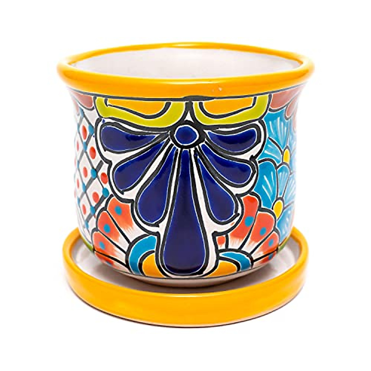 Enchanted Talavera Small Ceramic Flower Pot & Saucer Succulent Planter House Plant Cactus Bonsai Decorative Pot Plant Container 2-Piece Set (Marigold)