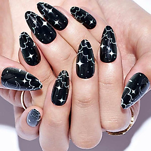 GLAMERMAID Winter Press on Nails Almond,Black Gel False Nails with tree Design,24 PCS Glue on Nails,Reusable Acrylic Stick on Nails Tips Manicure Set for Women Girls Gift
