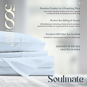 Mayfair Linen 100% Cotton Sheets for Queen Size Bed - Luxury 500 Thread Count Queen Sheet Set, 4 PC Sateen Weave Queen Light Blue Cotton Sheets, Ultra Soft, Deep Pocket Cooling Sheets Queen Size