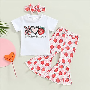 Toddler Kids Baby Girl Summer Outfit Strawberry Print Short Sleeve T-Shirt Tops Flare Pants Headband 3pcs Clothes (White Strawberry,12-18M)