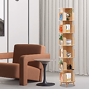 GNJINX Rotating Bookshelf, 6 Tier Solid Wood 360 Display Floor Standing Bookcase Storage Rack, Free Standing Wood Bookcases for Kids&Adults Multi-Functional Bookshelf Organizer(6 Tier)