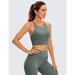 CRZ YOGA Womens Butterluxe Strappy High Neck Longline Sports Bra - Wireless Criss Cross Back Padded Workout Cropped Top Grey Sage Large