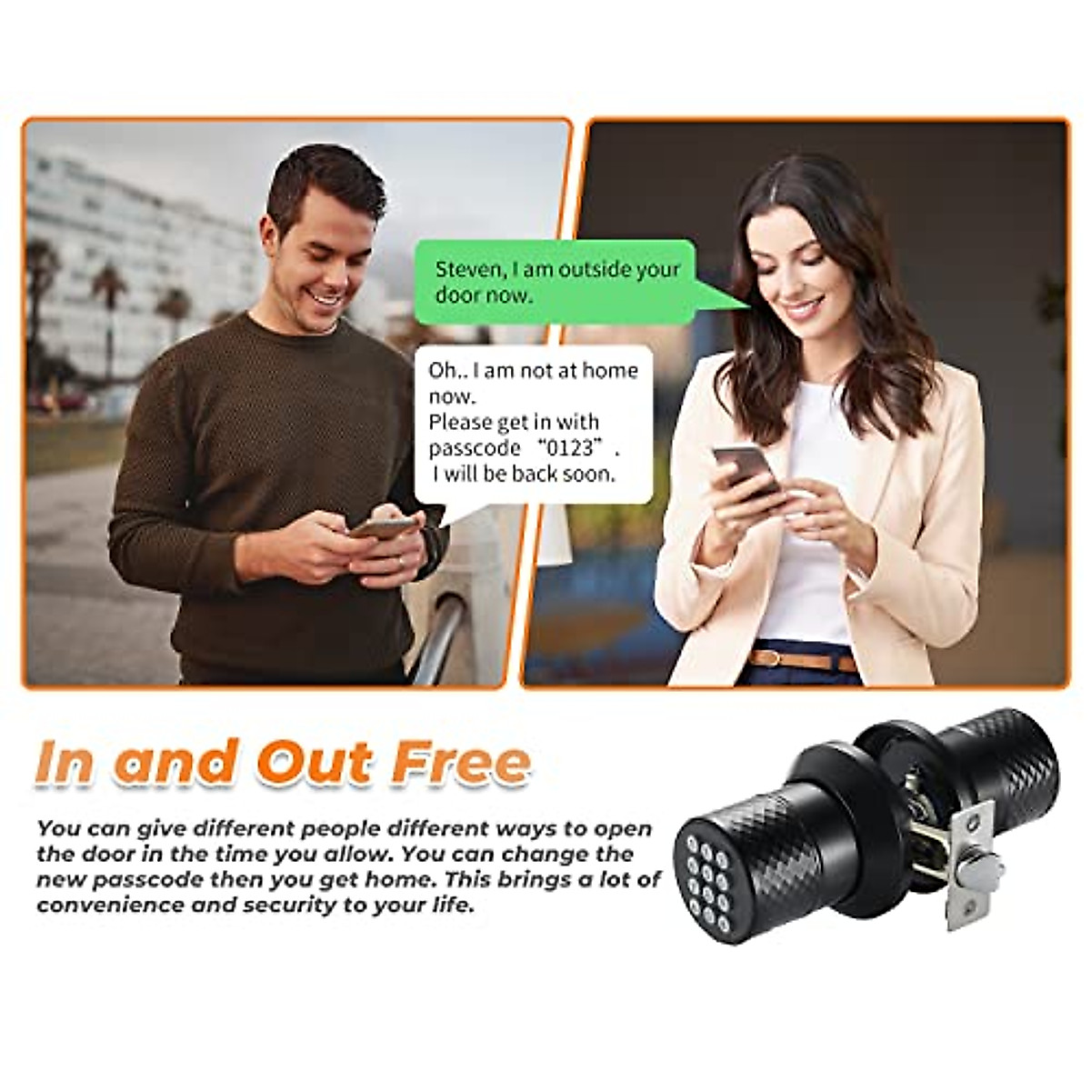 Keypad Door Knob Lock, Keyless Entry Door Lock with Anti-Slip Handle, Auto Lock, Waterproof Electronic Black Door Knob, Safe and Easy Installation for Home, Office, Hotel and Garage