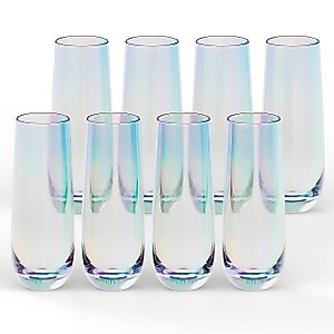 KooK Stemless Iridecent Champagne Flutes, Durable Glass, Great for Mimosa, Cocktails, Toasting Weddings Glasses, 9.4 oz, Set of 8