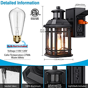 VDKK Porch Lights with GFCI Outlet, 3 Lighting Modes Motion Sensor Wall Light for House, Waterproof Aluminum Anti-Rust Dusk to Dawn Outside Exterior Light Fixture for Garge Doorway (Not Included Bulb)