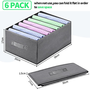 Suzurana 6 Pack Jeans Organizer for Closet, Foldable Wardrobe Clothes Organizer with Handle, Stackable Closet Clothes Drawer Organizer Tshirts with 7 Grids for Leggings, Sweater, Jean, Pants, Grey