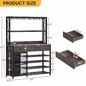 DWVO 47" Large Wine Rack Cabinet for Liquor & Glasses, Coffee Bar with LED Lights Door Shelves & Drawers, Modern Standing Bakers Rack Microwave Stand Kitchen Storage Shelf, Grey & Black