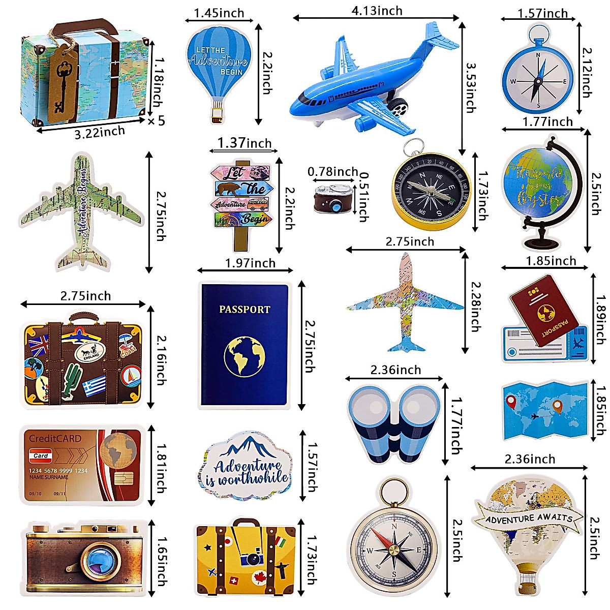 Rismise Travel Theme Cake Toppers Travel Cake Decoration Adventure Travel Cake Cupcake Toppers Airplane Map Camera Heart Mini Suitcase Cake Decorations for Adventure Awaits Travel Themed Party
