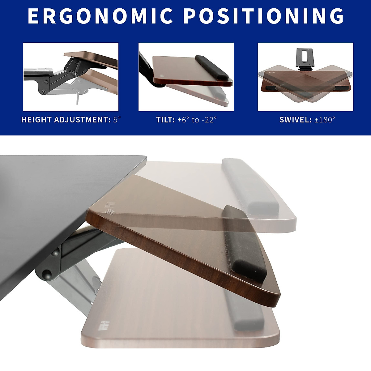 VIVO Adjustable Computer Keyboard and Mouse Platform Tray, Ergonomic Under Table Desk Mount Drawer Underdesk Shelf, Dark Wood Top, Black Frame, MOUNT-KB03D