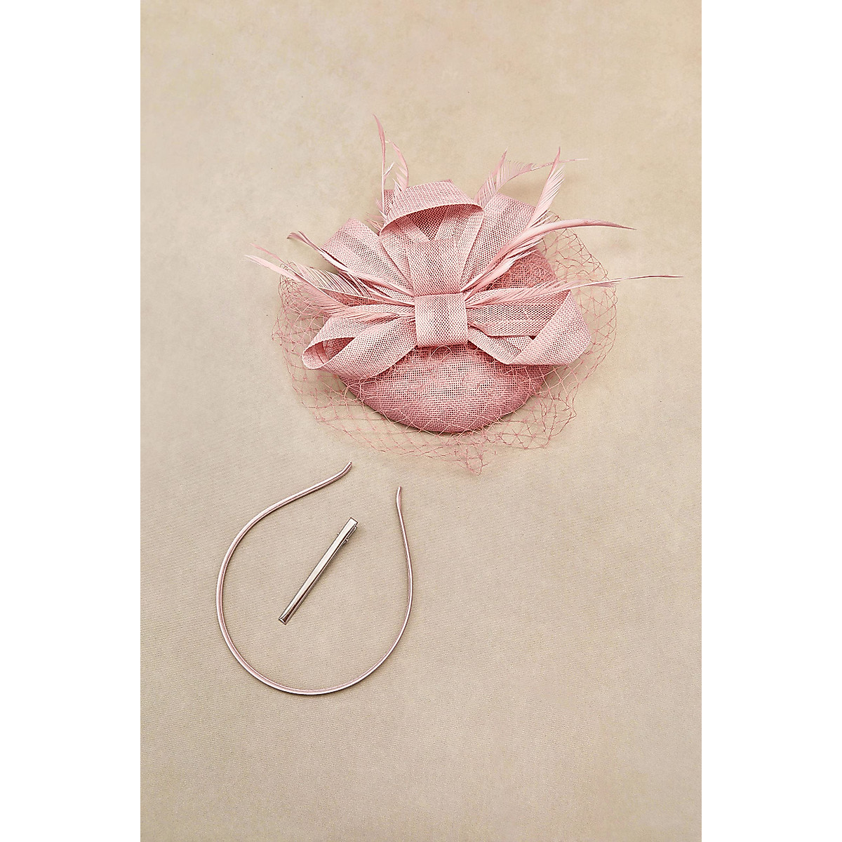 BABEYOND Fascinators Hat Veil Feather Hair Clip Tea Party Kentucky Pillbox Derby Bridal for Wedding Nude Pink