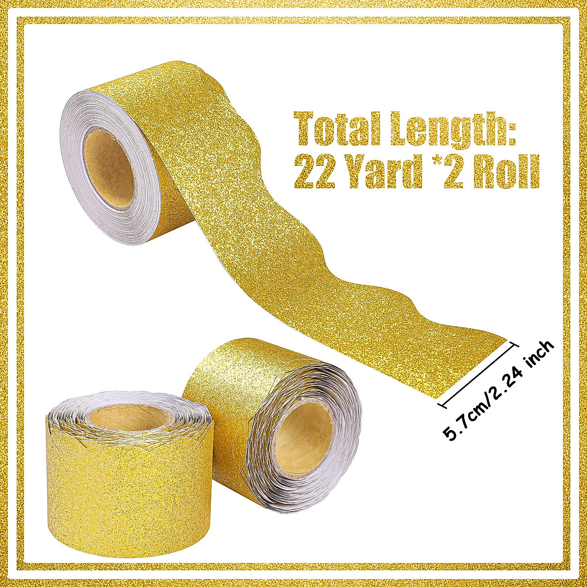 131 Ft Gold Glitter Bulletin Board Borders Gold Scalloped Bulletin Board Trims Shiny Decorative Border Trims Sparkle Self-Adhesive Border Stickers for Classroom School Home Office Blackboard Desk