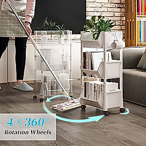 MAGINELS 3-Tier Plastic Rolling Utility Cart, Storage Rolling Cart with Lockable Wheels, Book Cart with 2 Hooks for Kitchen Bathroom Office Balcony Living Room, White