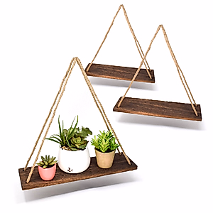 Boho Wall Hanging Shelf - Wood Hanging Shelves for Wall - Farmhouse Rope Shelves for Bedroom Living Room Bathroom - Rustic Wood Shelves - Hanging Plant Shelf - Triangle Floating Shelf (Triangle Mount)