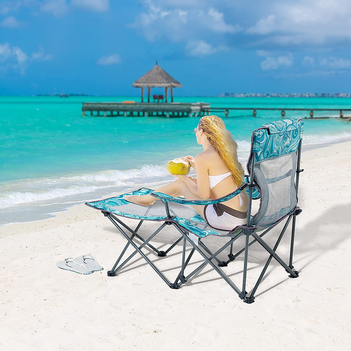 ARMOR CASTLE Portable Camping Chairs for Adults with Footrest Mesh Folding Recliner with Adjustable Cup Holder and Detachable Pillow, Heavy Support 300lbs, Blue