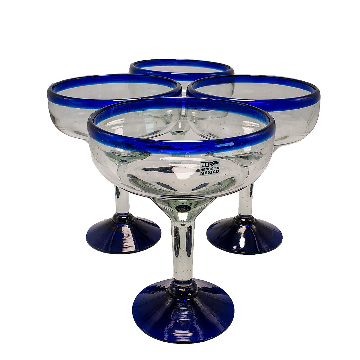 EMPORION Set of 4 Hand-Blown Margarita Glasses from Mexico with Cobalt Blue Rim - Rustic & Handcrafted Recycled Bubble Glass Drinking Glassware - 14 Oz