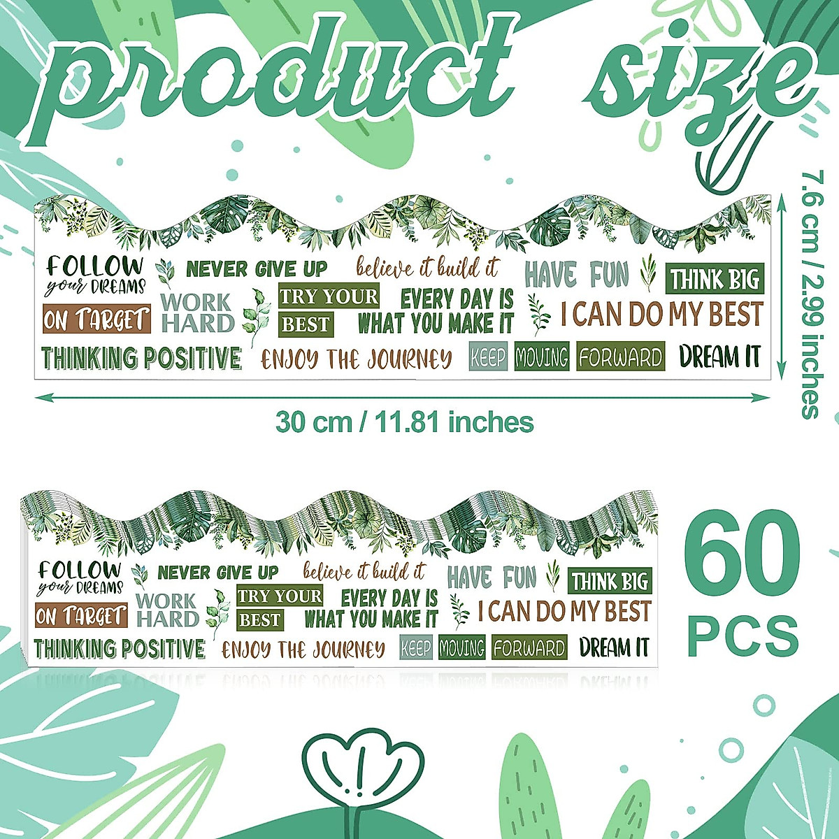 60 Pcs Boho Inspirational Quotes Bulletin Board Border Motivational Bulletin Board Decoration Inspirational Border Paper Scalloped Quote Border for Classroom Office Wall Decors, 12 x 3 Inches