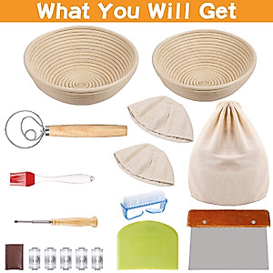 Round Bread Proofing Basket Set of 2, 8" and 9" Natural Rattan Banneton Round Sourdough Baking Bowls with Multi Baking Tools for Professional and Home Bakers