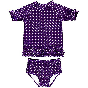 RuffleButts® Girls Rash Guard 2-Piece Swimsuit Set - Purple Polka Dot Bikini with UPF 50+ Sun Protection - 4T