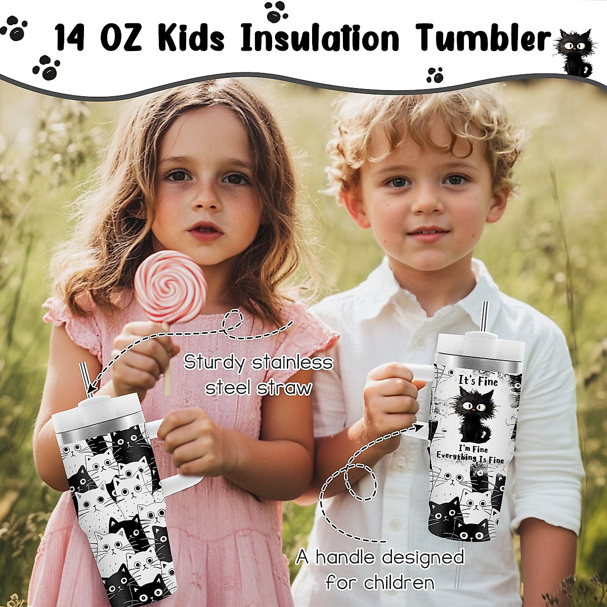 Cat Lover Gifts, Black Cat Tumbler with Handle and Straw for Kids, Birthday Gift for Cat Lovers Girls, 14 oz Stainless Steel Travel Mug for Toddlers, It's Fine I'm Fine Everything Is Fine Cat Mug