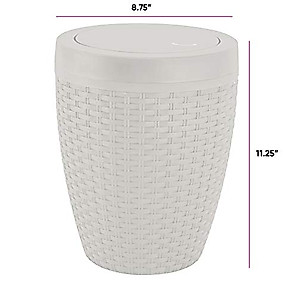Superio Round Trash Can 6.5 Qt Ivory Bone - Small Trash Bin with Lid Beige Wicker Look, Concealed Bag