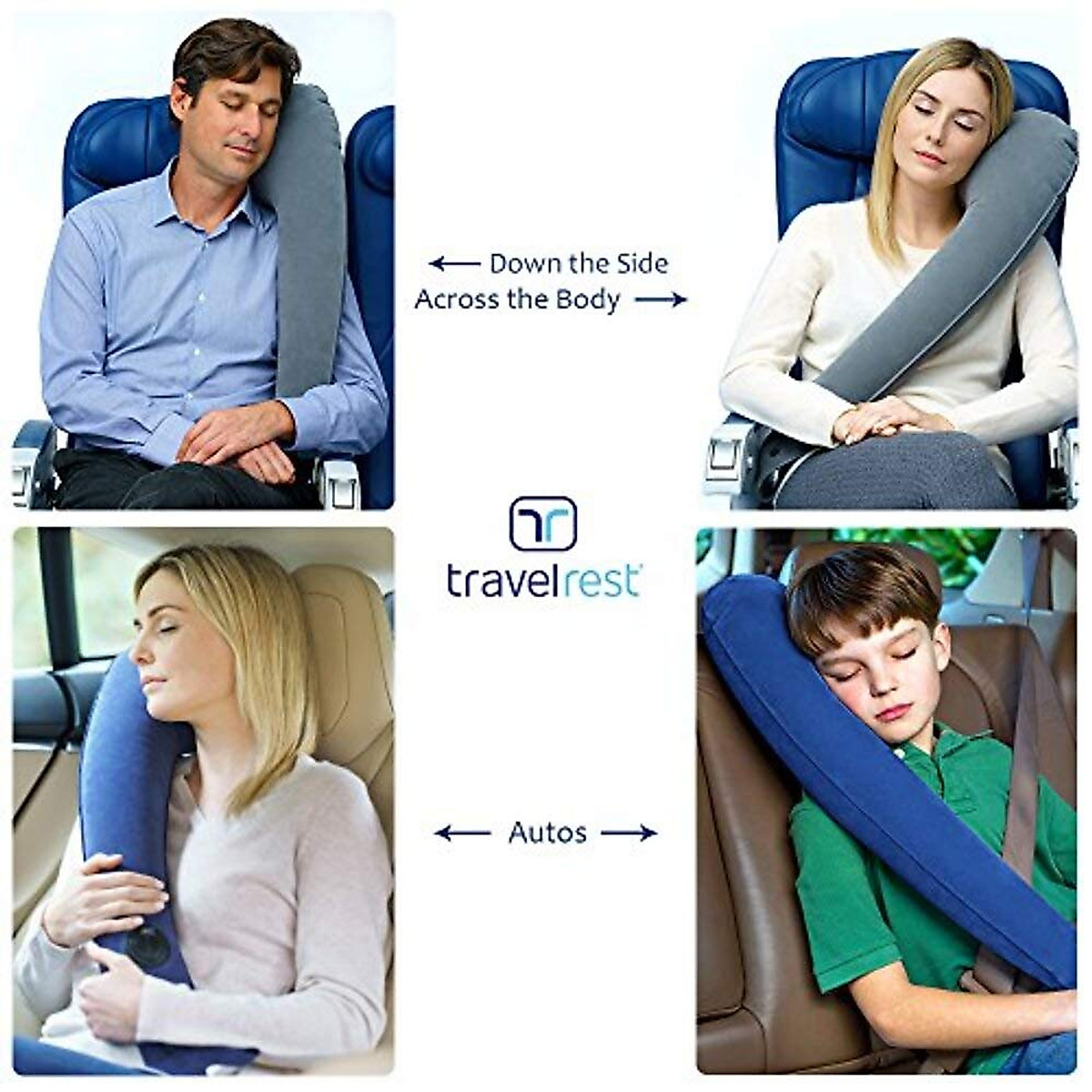 TRAVELREST Ultimate Travel Pillow & Body Pillow - Headrest, Auto, Bus, Train, Office Napping, Camping, Wheelchairs, Comfort and Support, Rolls Up, Straps to Airplane Seat & Car - Blue