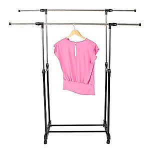 Dual-bar Vertical & Horizontal Stretching Stand Clothes Rack with Shoe Shelf YJ-04 Black & Silver,Commercial Rack Rolling Clothes Racks for Hanging Clothes Rack, Collapsible ＆ Portable Clothes Rack