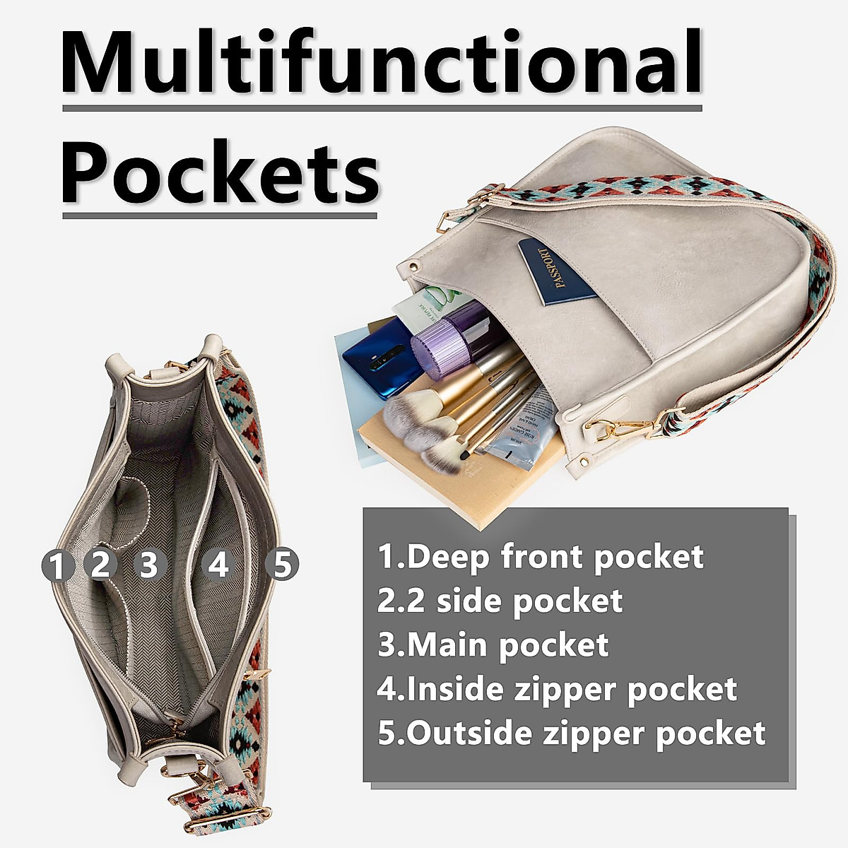 Viva Terry Vegan Leather Crossbody Fashion Shoulder Bag Purse with 2 Adjustable Strap (White)