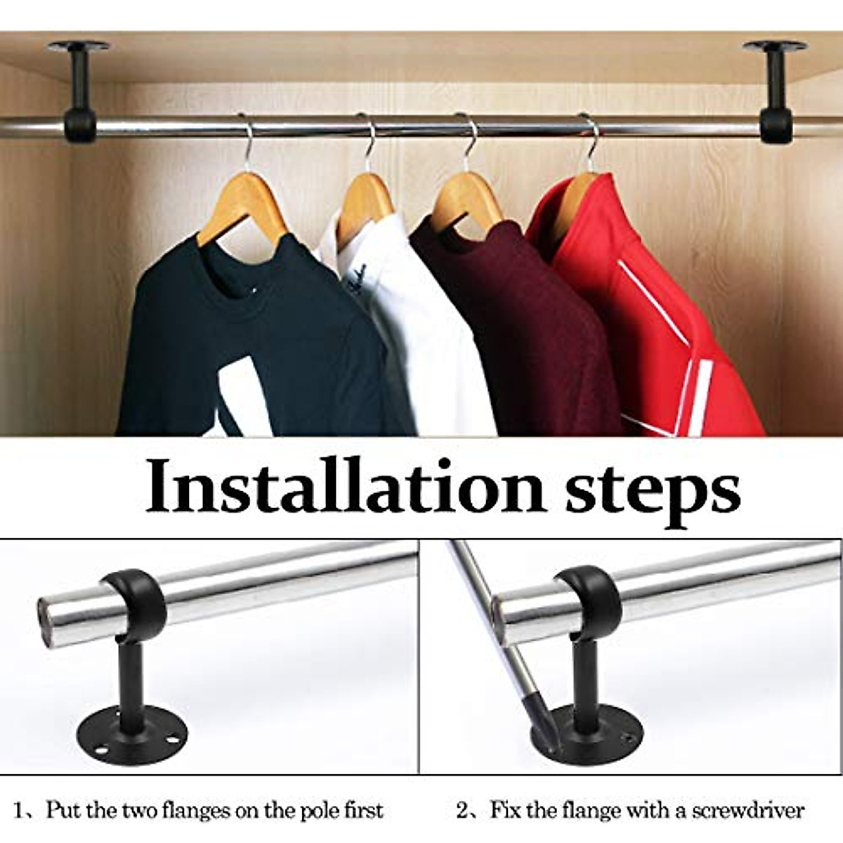 Seimneire 8pcs 1-1/4 Inch Shower Curtain Closet Rod Holder, Curtain Rod Ceiling-Mount Bracket Pipe Flange Socket Closet Pole End Supports Socket, Stainless Steel Flat Black