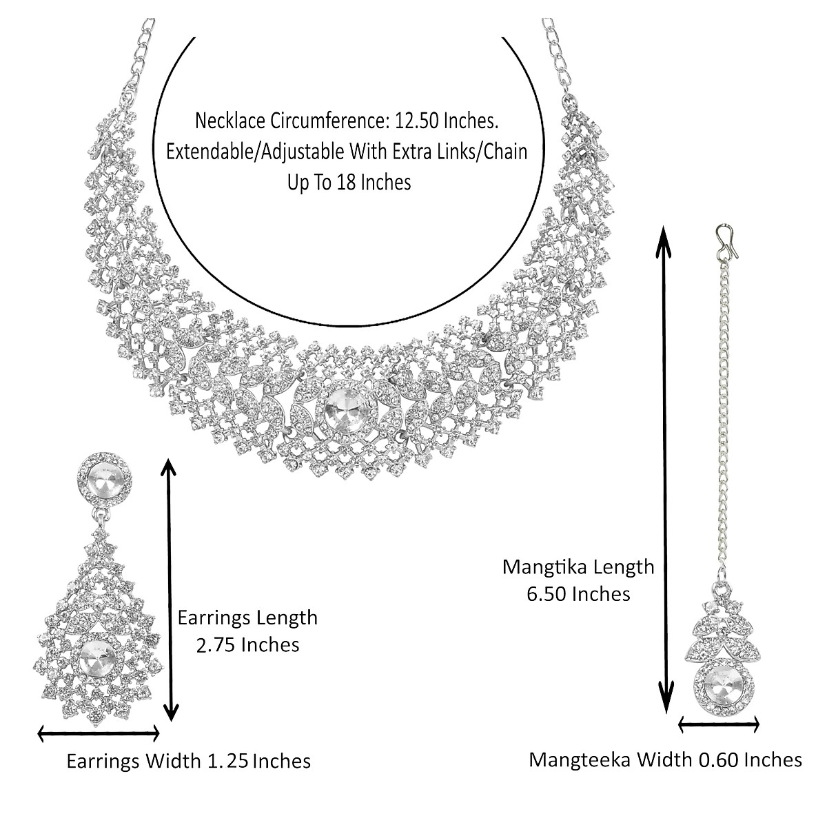 Touchstone Indian jewelry set for women rhinestone bridal necklace statement wedding brides earring formal big designer collar style trendy desi rhinestones maang tikka fashion in silver tone.