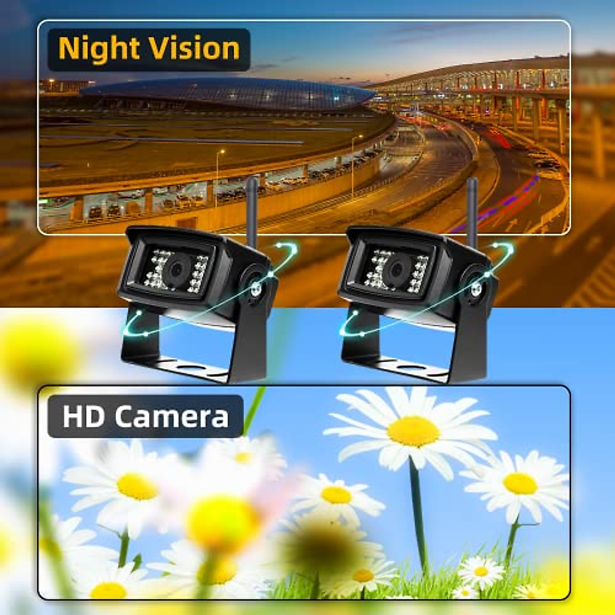 FHD 1080P Wireless Backup Camera Kit 7” LCD Monitor with Blue Backlit Buttons Support Split Screen Two Cameras IP69 Waterproof IR Night Vision for Bus/RV/Truck/Trailer/Motorhome/Boat